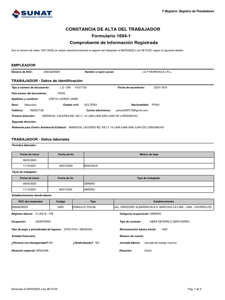 Modelo de Alta de Un Trabajador | PDF