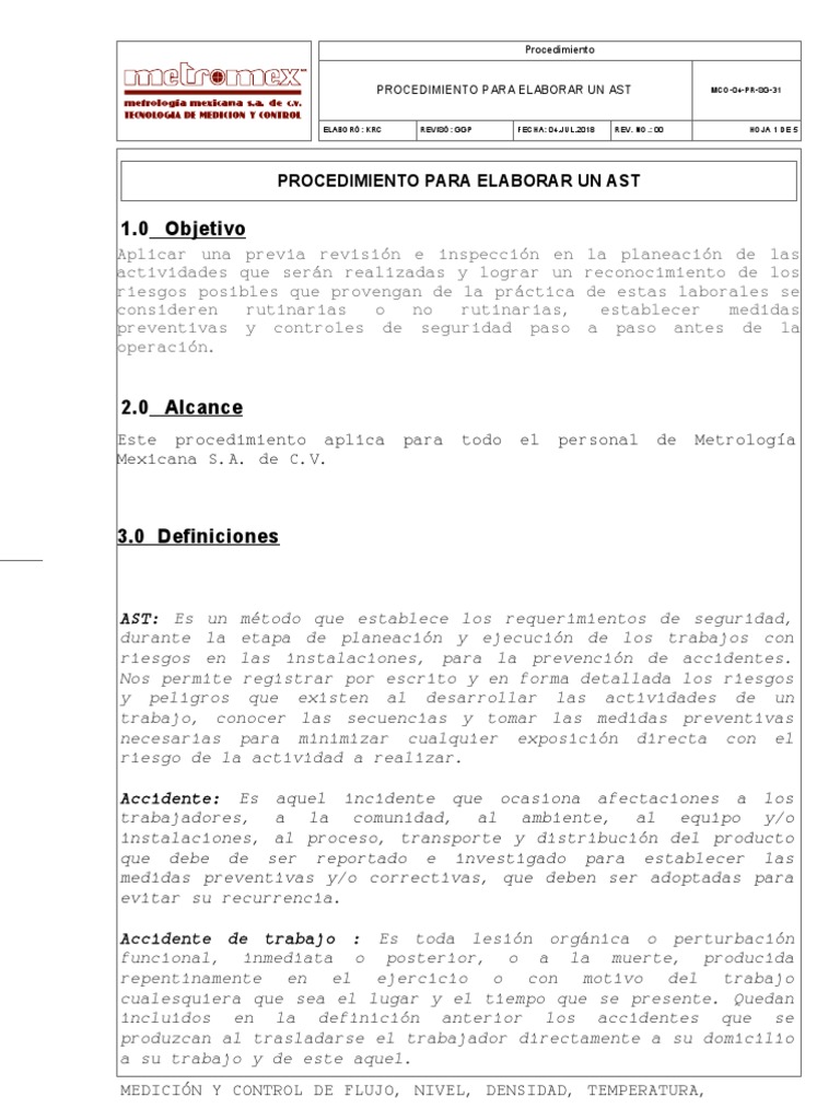 MCO-04-PR-SG-28 Procedimiento para Realizar Un AST | PDF