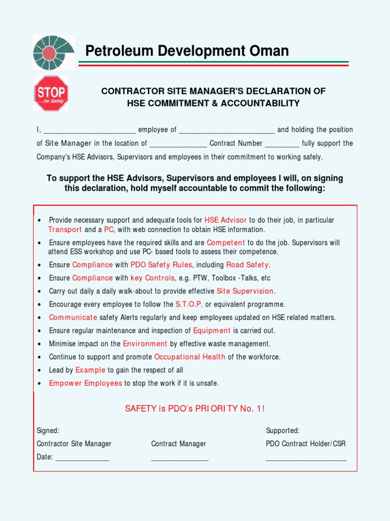 Contractor Site Manager's Declaration of Hse Commitment & Accountability | PDF
