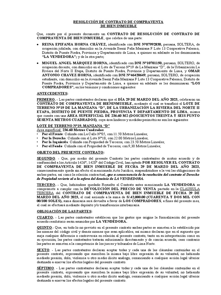 Resolución de Contrato de Compraventa - Reyna Horna | Descargar gratis PDF | Derecho civil ...