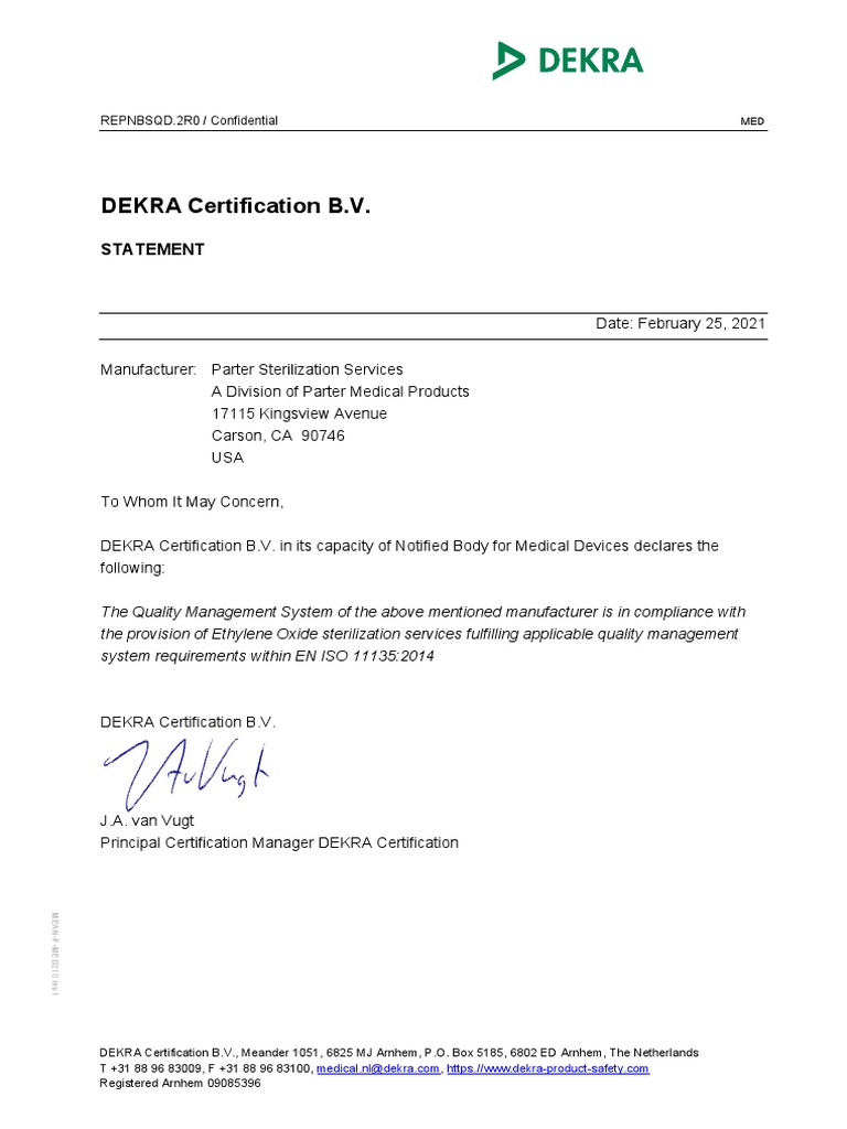 Certificate Sterility Statement Dekra Steril | PDF