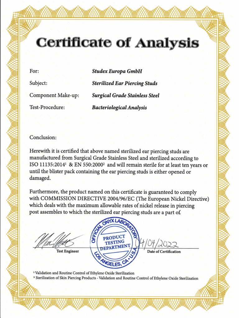 Sterilized Ear Stud Compliance | PDF