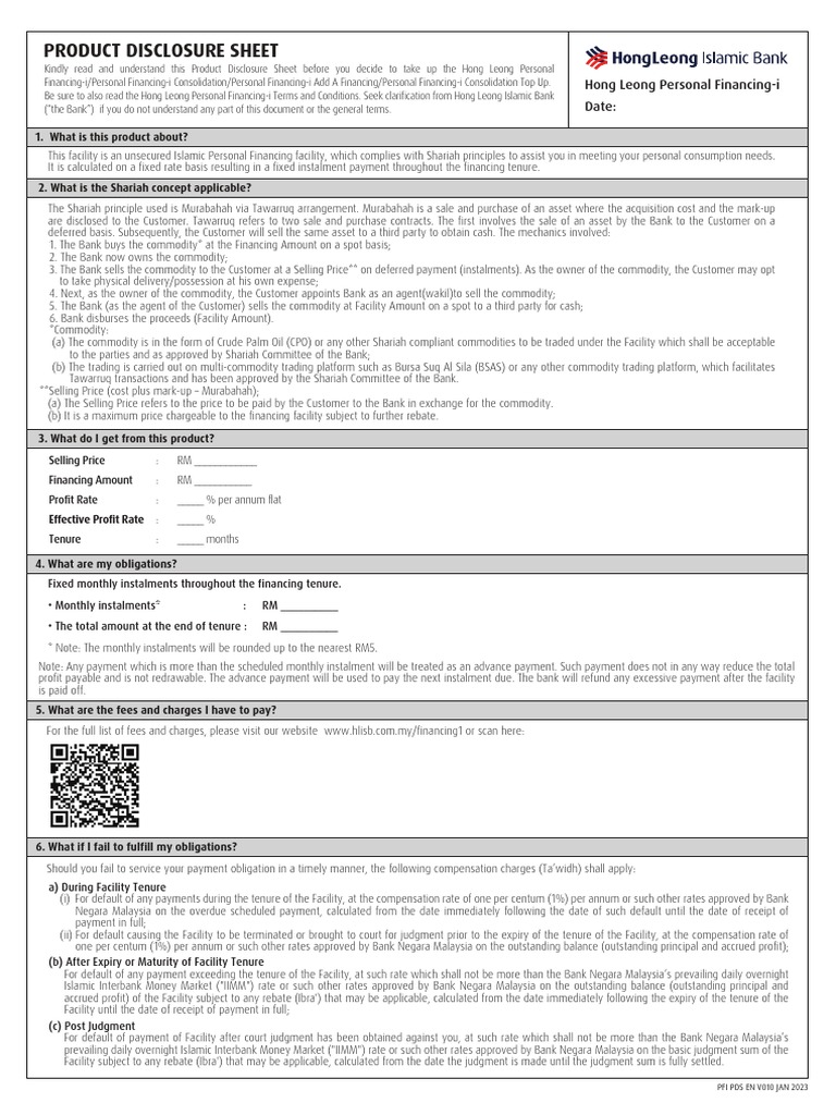 Personal Financing Product Disclosure Sheet | PDF | Service Industries ...