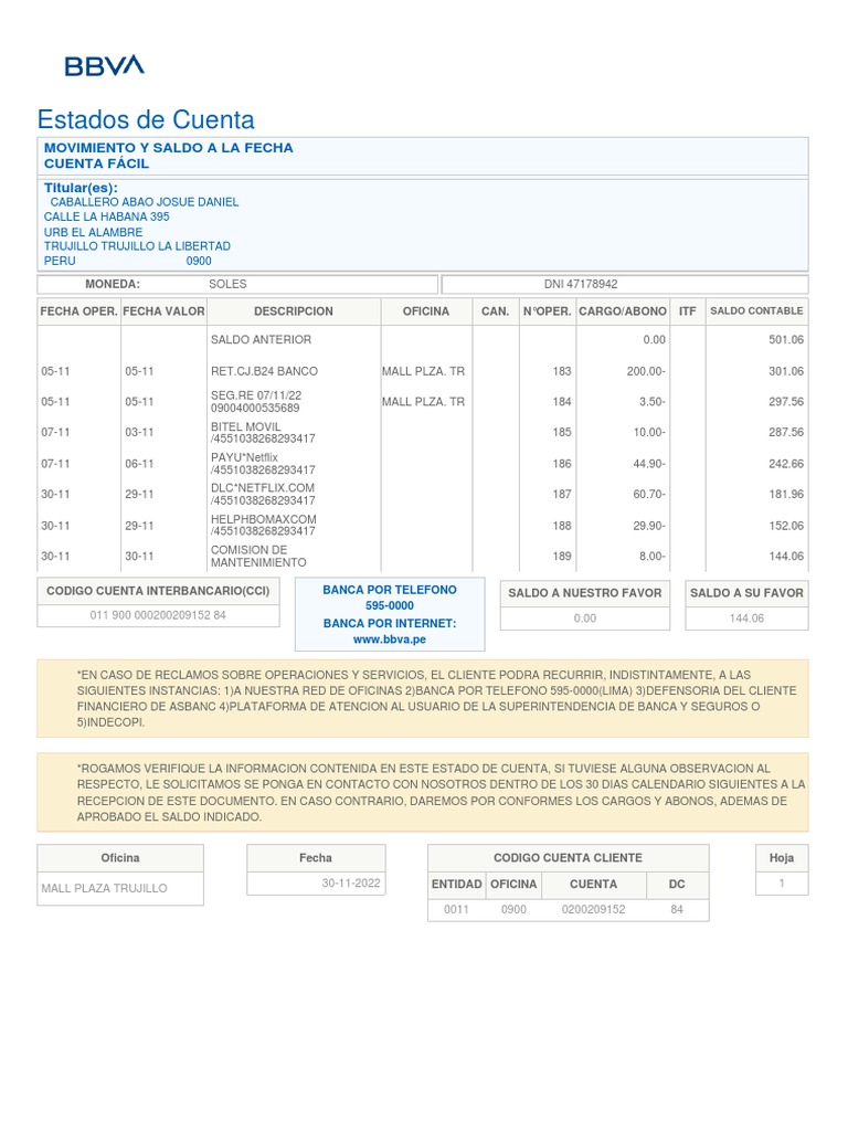 (BBVA) Estado Cuenta Noviembre 2022 | PDF | Servicios financieros | Bancario