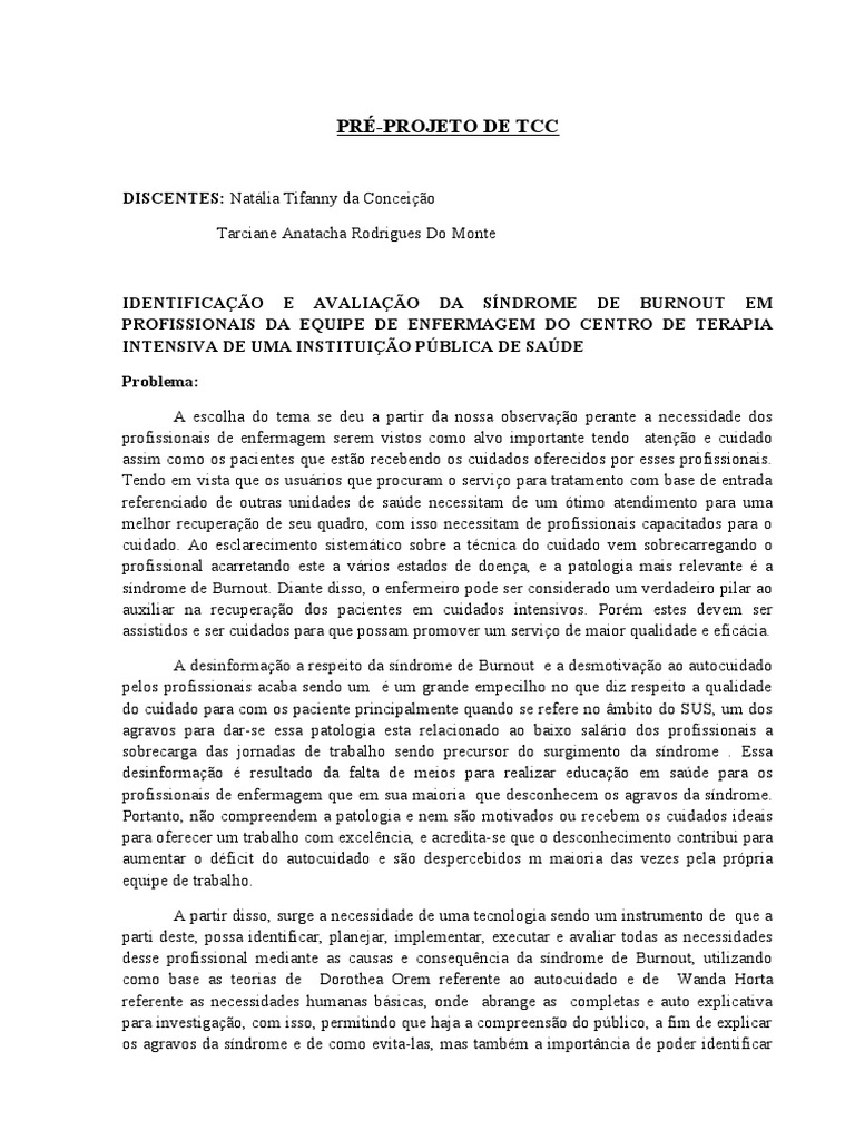 Pré-Projeto de TCC 2019 | PDF | Enfermagem | Unidade de Tratamento Intensivo (UTI)