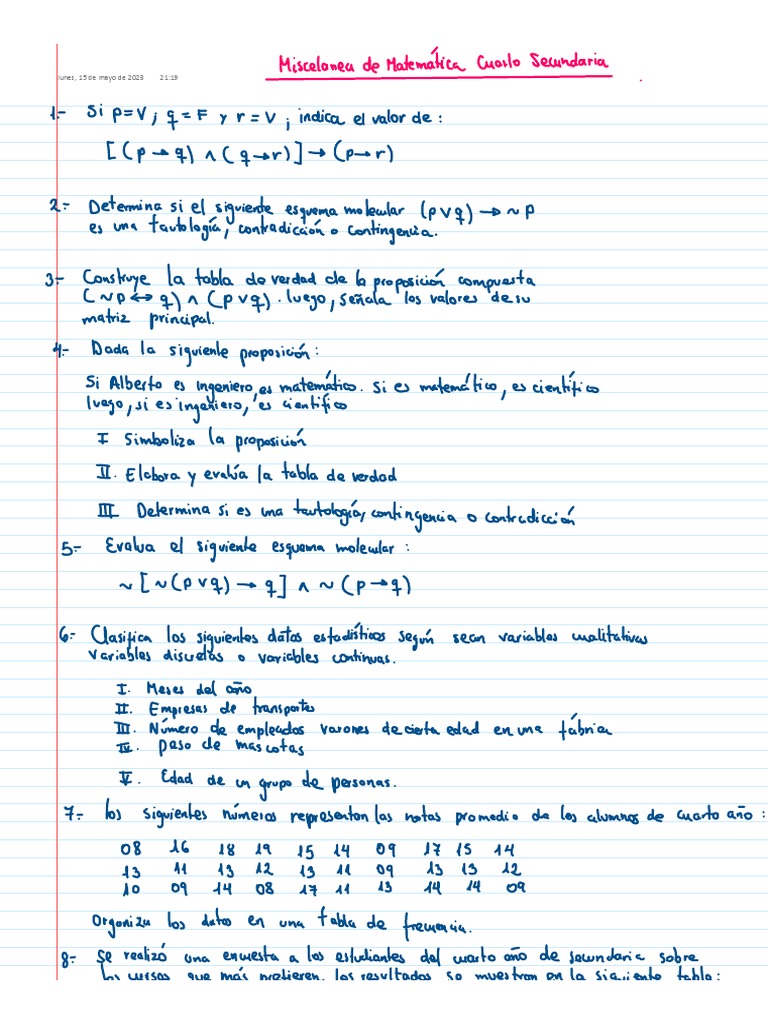 Miscelanea Matematica Cuarto Secundaria | PDF
