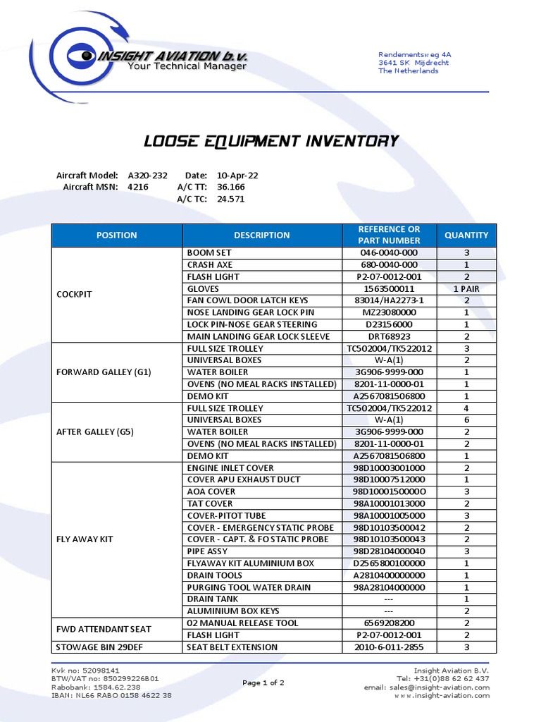Loose Equipment List MSN 4216 20220409-Signed | PDF | Aeronautics ...