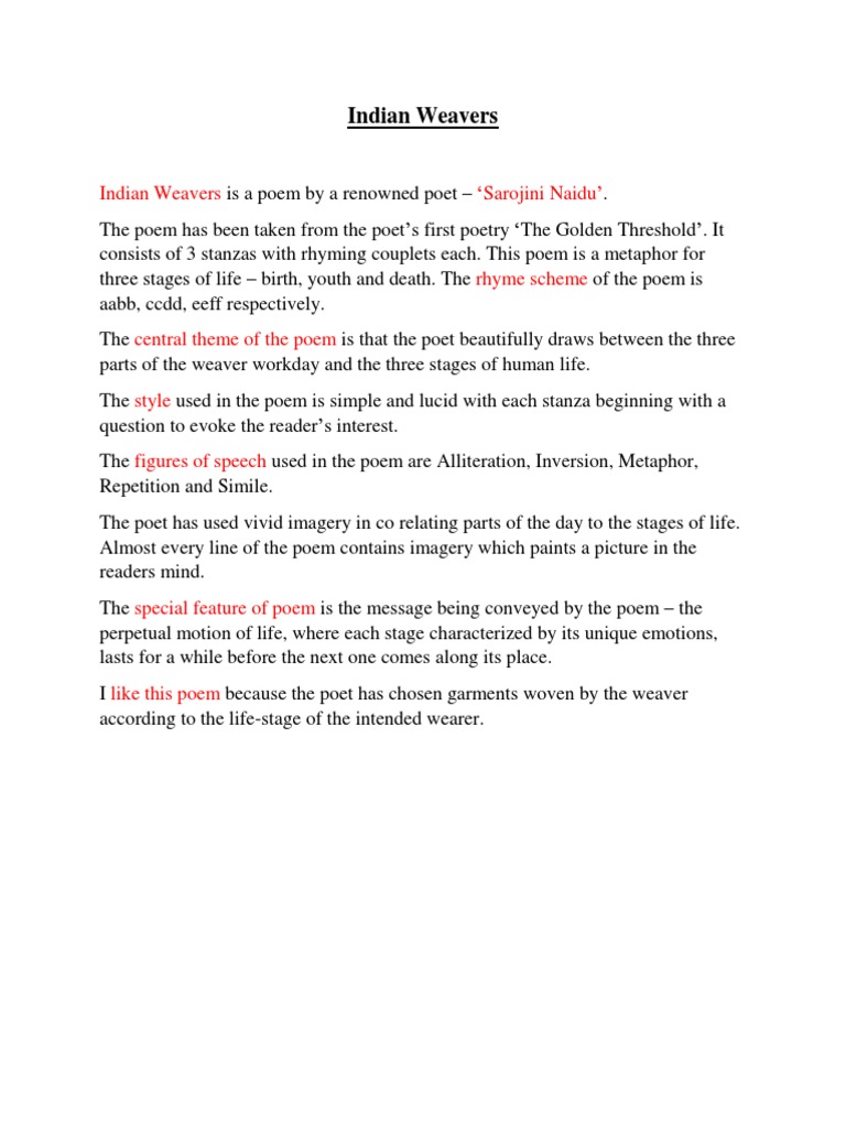 Appreciation of "Indian Weavers" Poem | PDF | Classics