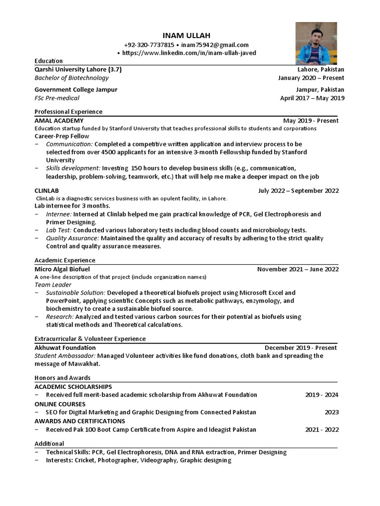 Inam Ullah Resume | PDF | Polymerase Chain Reaction | Primer (Molecular ...