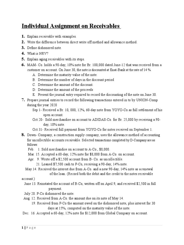 Chapter One Assignment On Receivables | PDF | Debits And Credits | Bad Debt