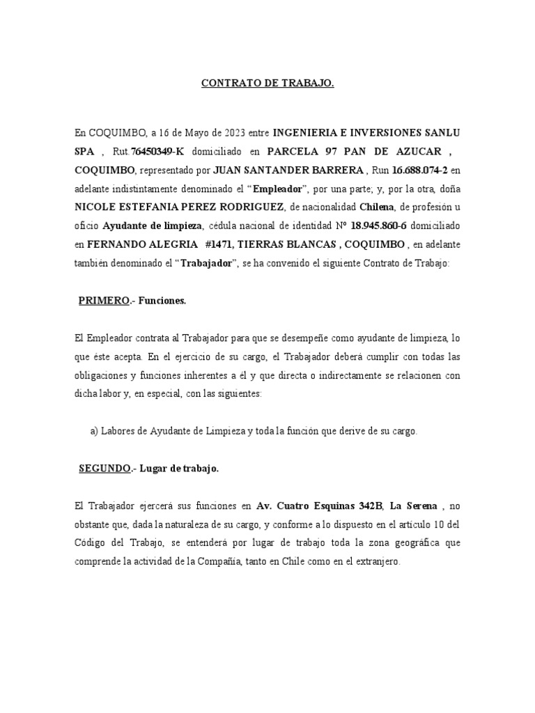 Modelo de Contrato Part Time Chile 2023 | PDF | Salario