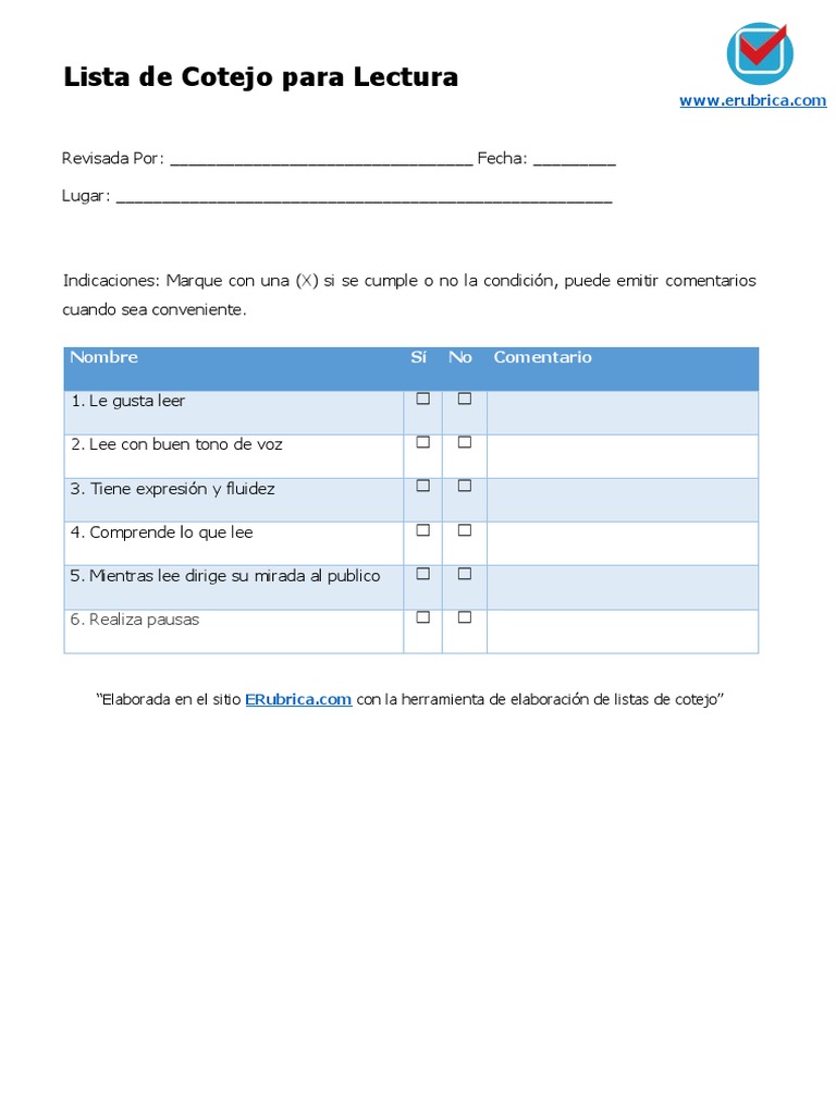 Lista de Cotejo para Evaluar Lectura | PDF