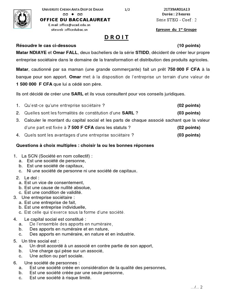 Epreuve Bac 2021 Droit Steg 1er Groupe, Dakar Sénégal | PDF | Économie ...