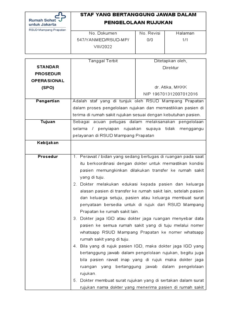 Spo Penetapan Staf Yg Bertanggung Jawab Dalam Pengelolaan Rujukan | PDF