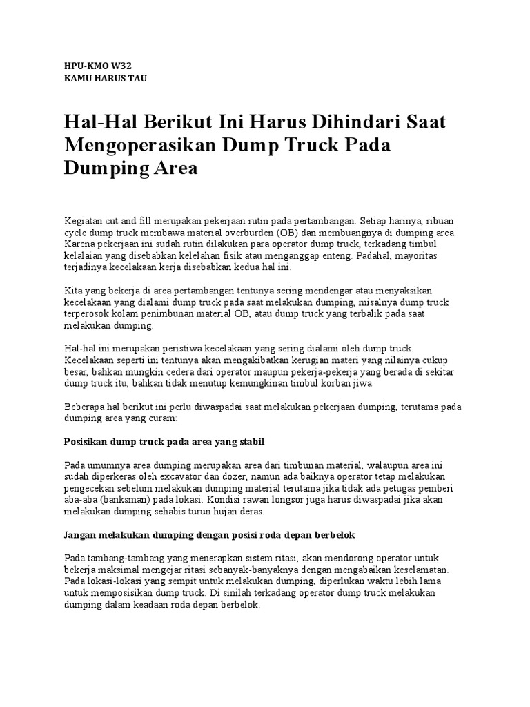 Prosedur Aman Dumping Dump Truck | PDF