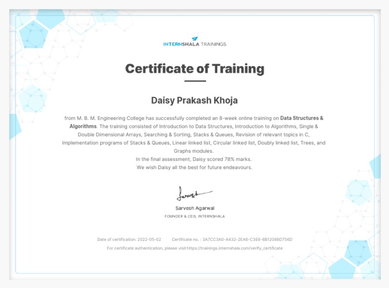 Data Structures & Algorithms Training - Certificate of Completion | PDF