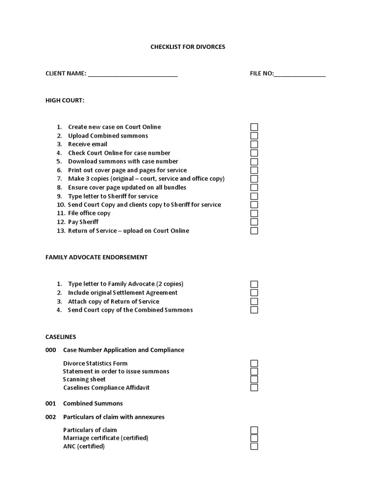 Checklist For Divorces Pdf Summons Affidavit
