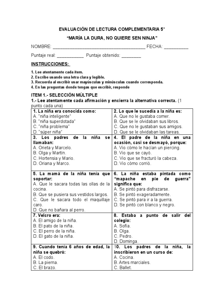 Evaluación de Lectura Maria La Dura, No Quiere Ser Ninja | PDF