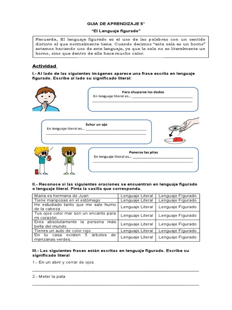 Hoja De Trabajo De Lenguaje Figurativo 1 Respuestas Lenguaje Figurado