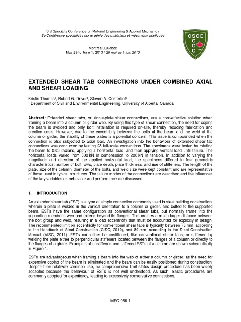 Extended Shear Tab Connections Under Combined Axial and Shear Loading ...