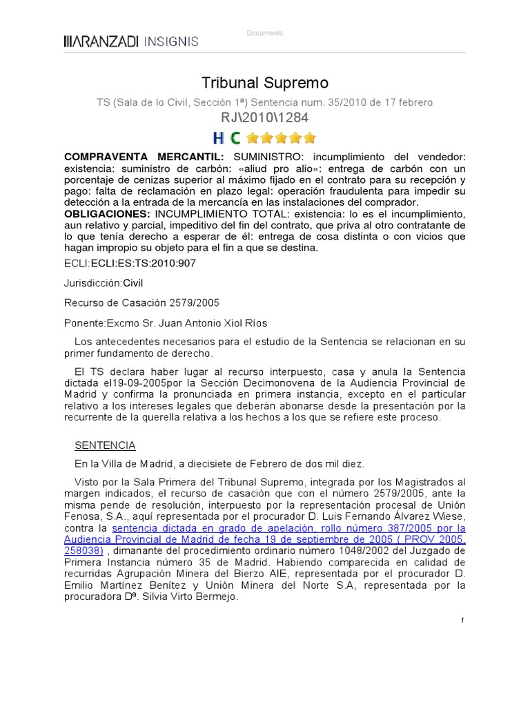Jur - TS (Sala de Lo Civil, Seccion 1a) Sentencia Num. 35-2010 de 17 Febrero - RJ - 2010 - 1284 ...