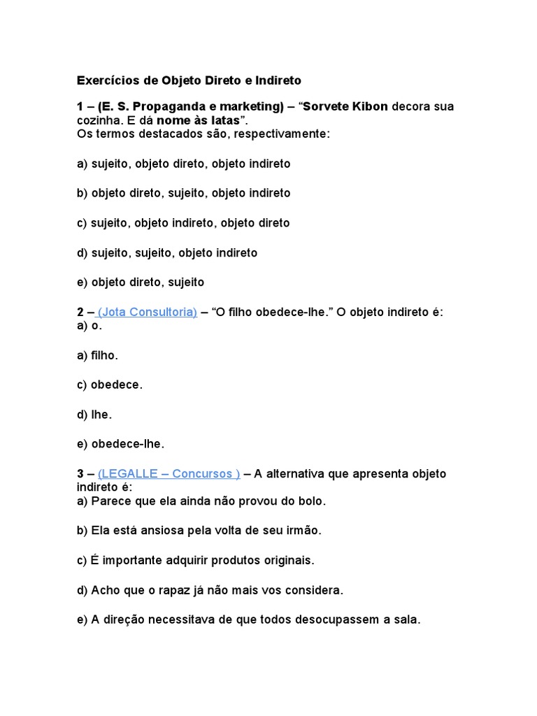 Exercícios de Objeto Direto e Indireto | PDF