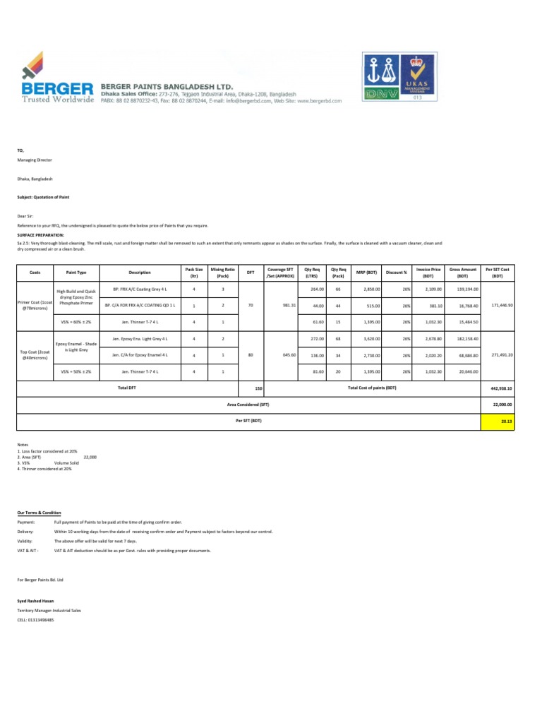 Paint Quotation for Industrial Coatings | PDF | Materials | Industrial ...