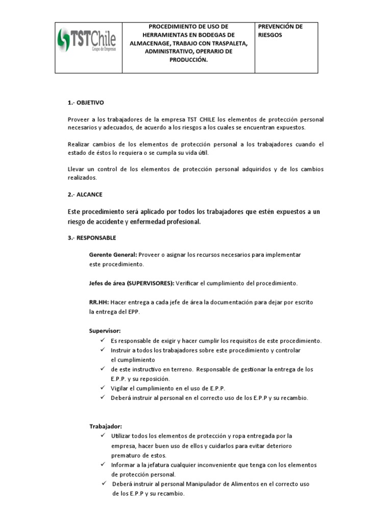Pts-Epp. Procedimiento Uso y Recambio y Certificado Epp TST Chile | PDF