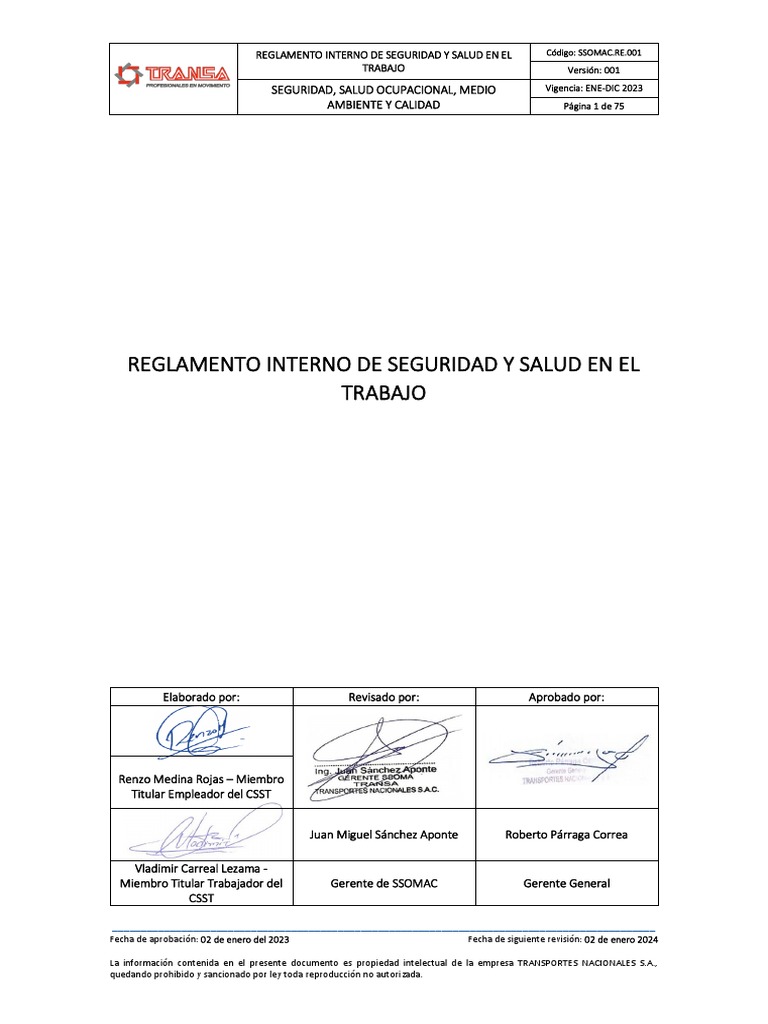 Reglamento Interno de Seguridad y Salud en El Trabajo 2023 | PDF | Seguridad y salud ocupacional ...
