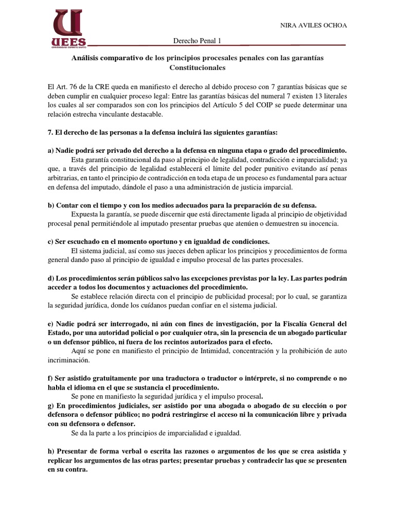 Análisis Comparativo Principios Procesales Penales Artículo 5 Del COIP ...