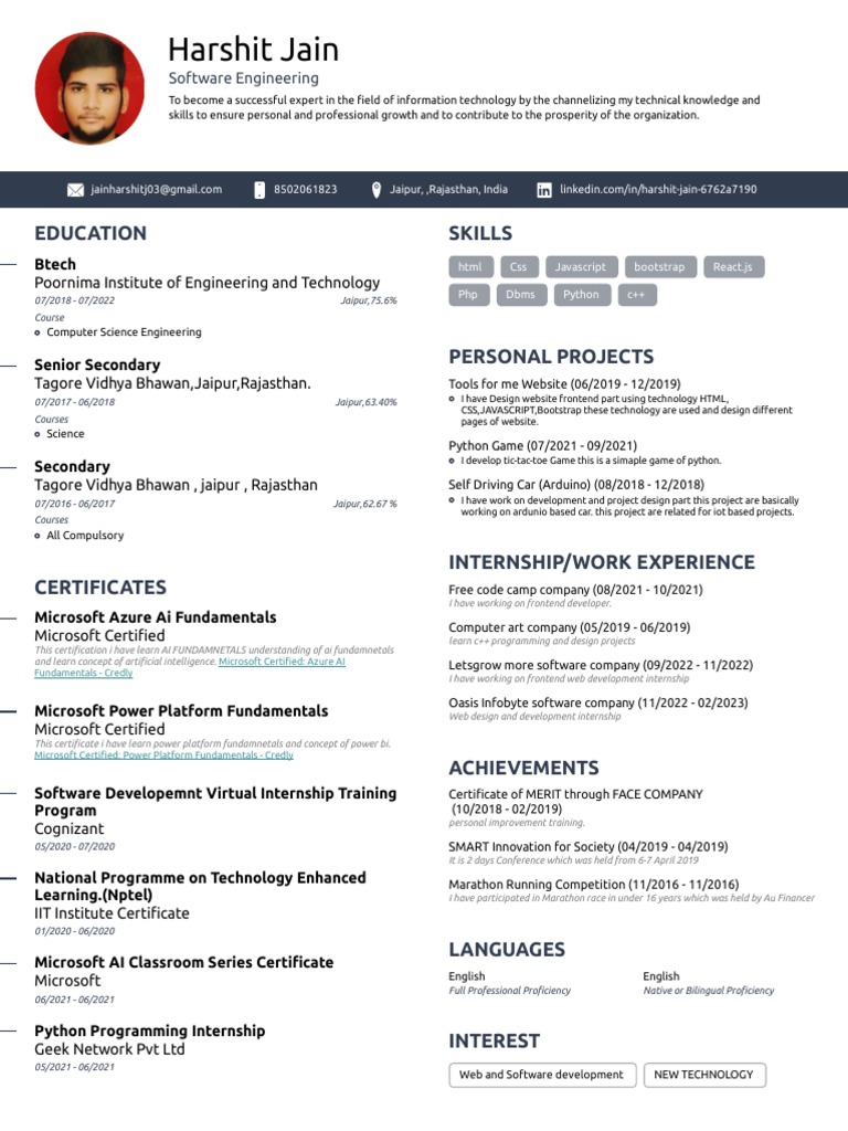 Harshit's Resume (Jainharshitj03@Gmail - Com) | PDF | Bootstrap (Front End Framework) | Software