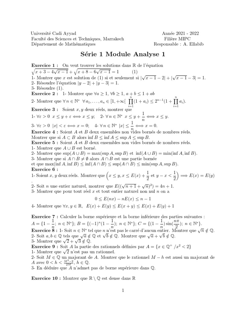 TD1 Analyse 1 MIPC2122 | PDF | Mathématiques élémentaires | Arithmétique
