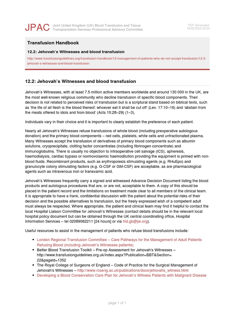 Jehovah's Witnesses and Blood Transfusion Guidelines | PDF | Blood ...