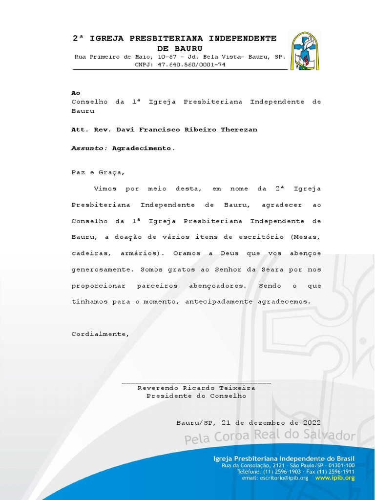 Modelo Carta Agradecimento | PDF