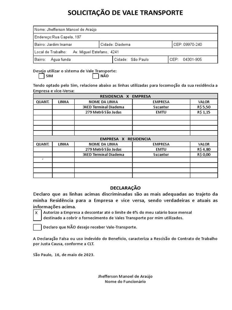 Solicitação de Vale Transporte | PDF