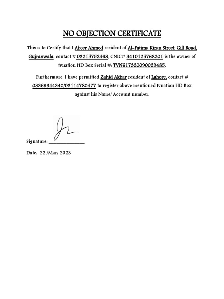 No Objection Certificate TV Box | PDF