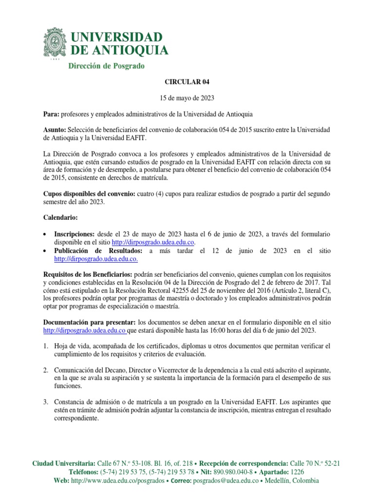 Circular 04 Del 15 de Mayo de 2023 - Estímulos para 2023-2 Convenio EAFIT | PDF