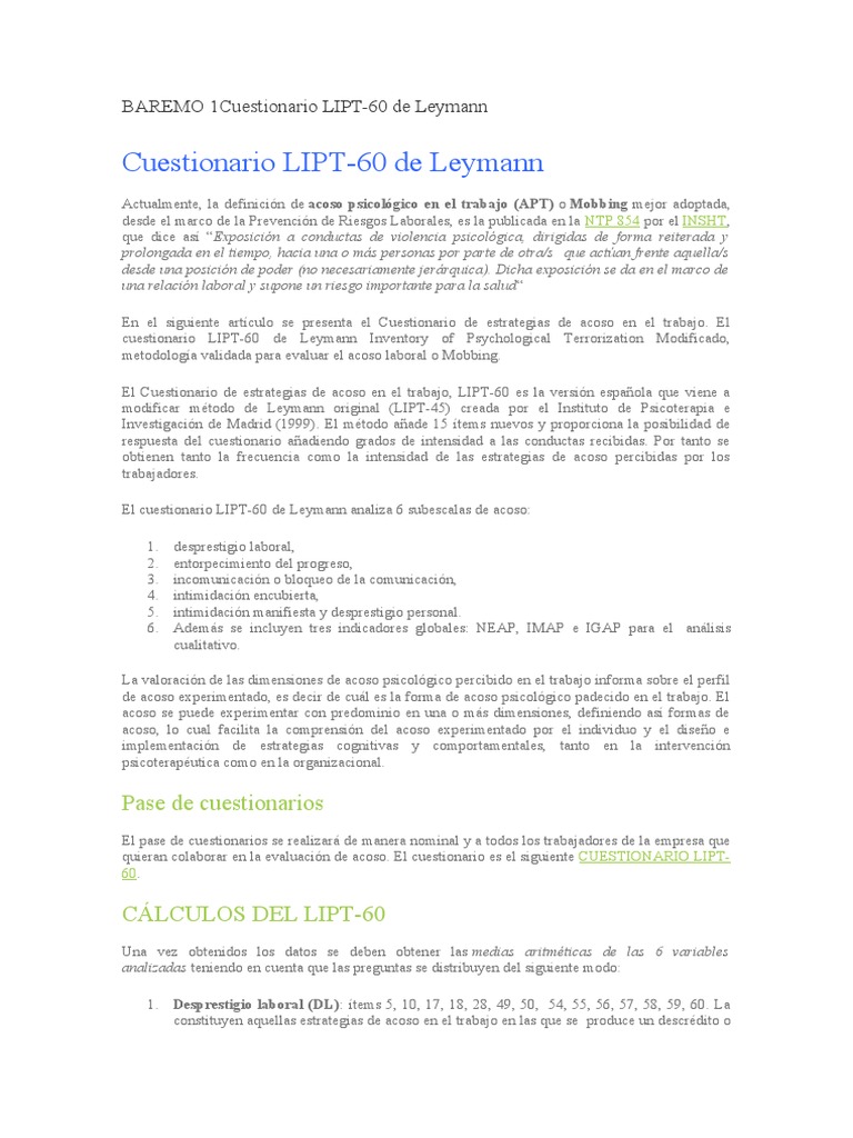 Cuestionario LIPT-60 para Evaluar Mobbing | PDF | Conflicto ...