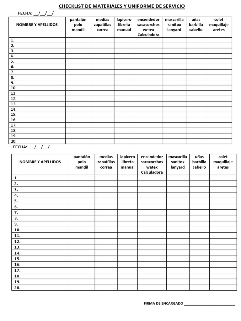 CHECKLIST DE MATERIALES Y UNIFORME DE SERVICIO Noviembre 2022 | PDF