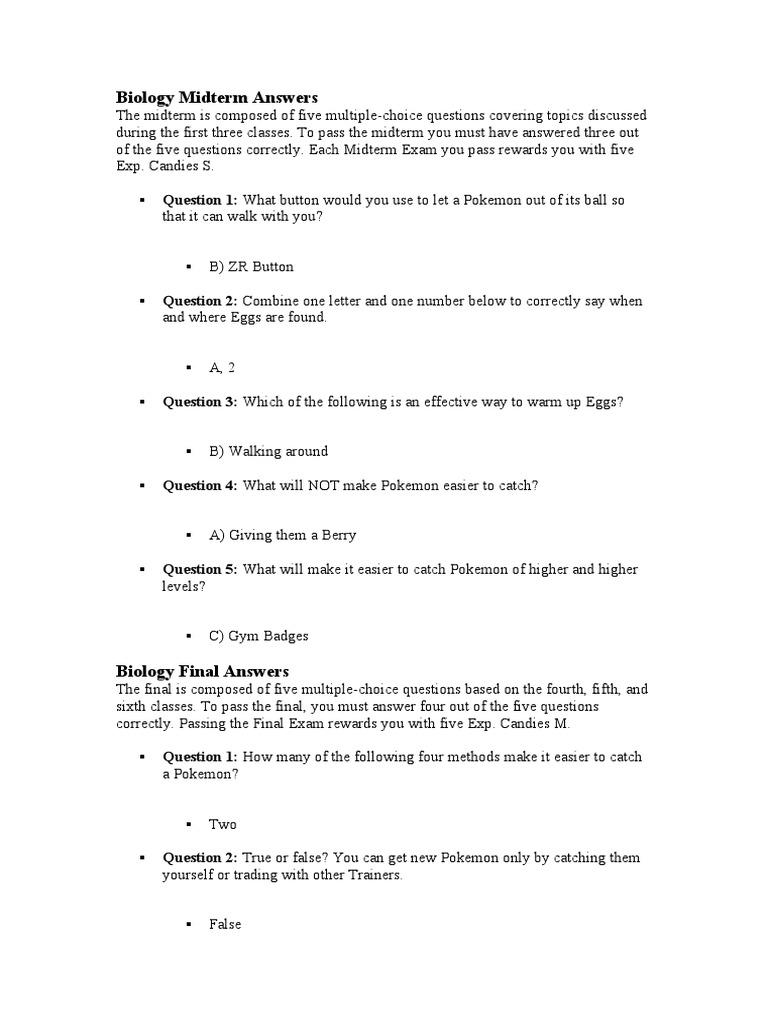 Biology Midterm and Final Exam Answers | PDF