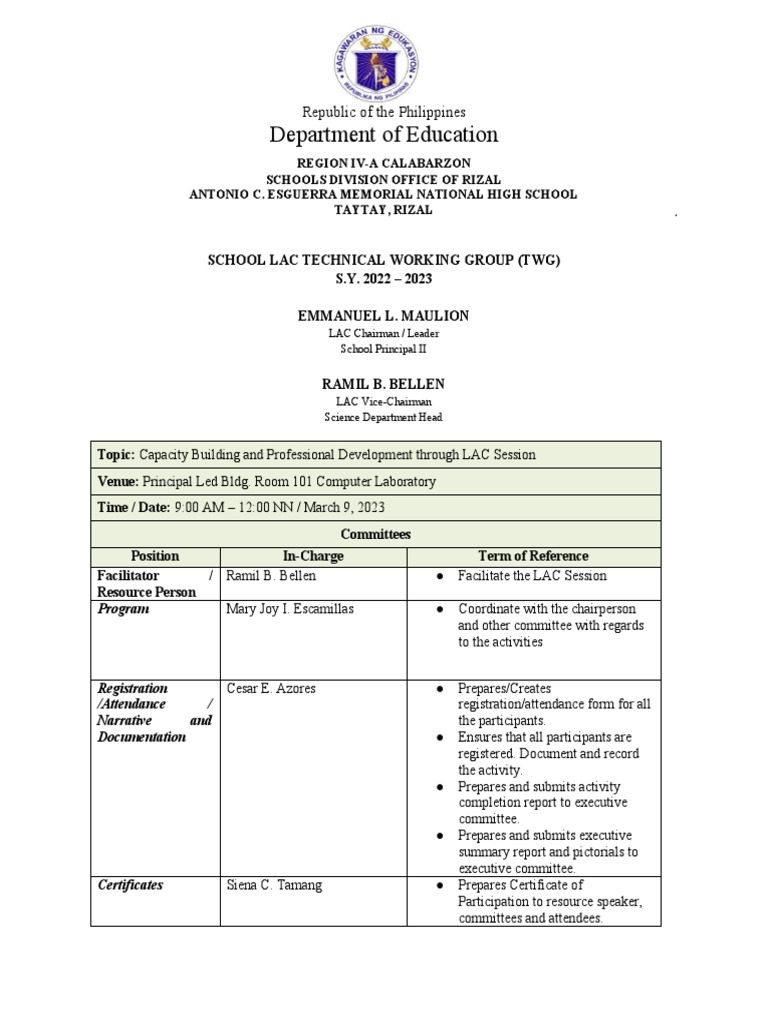School Lac Technical Working Group | PDF