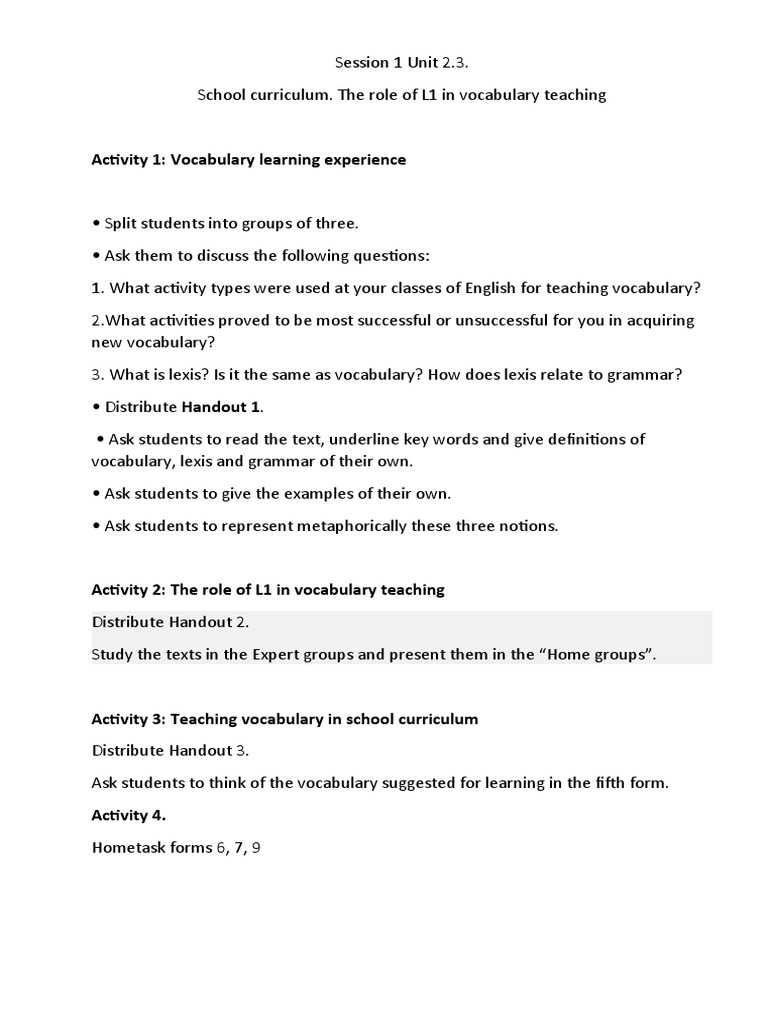 Session 1 Unit 2.3 | PDF | Second Language | Vocabulary Session 1 Unit 2.3 | PDF | Second Language | Vocabulary