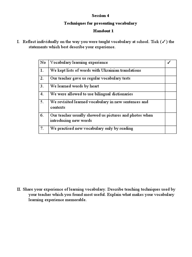 Session 4 Unit 2.3. Techniques For Presenting Vocabulary | PDF ...