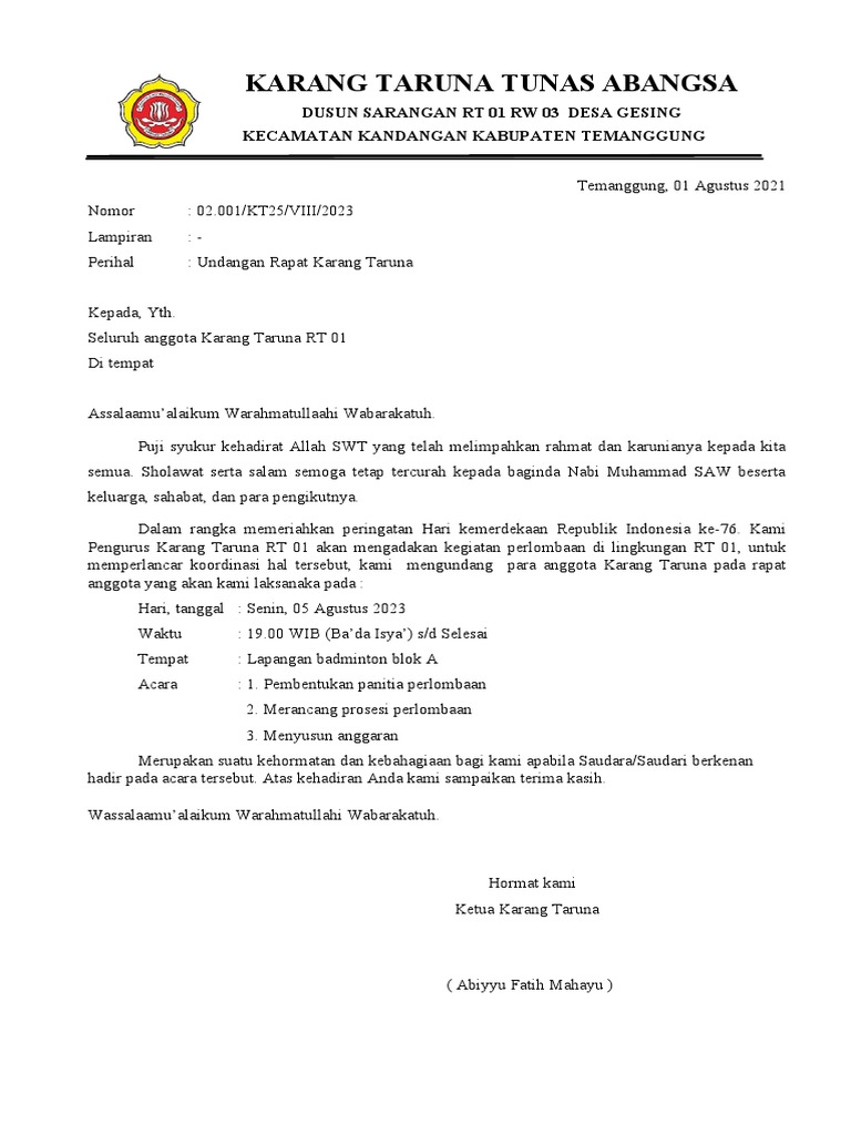 Contoh Undangan Rapat Karang Taruna 2 | PDF