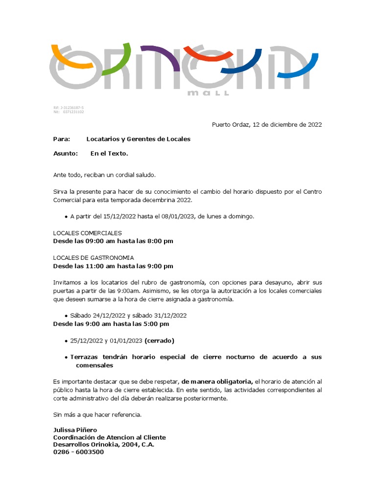 Comunicado Horario Navideño 2022 | PDF