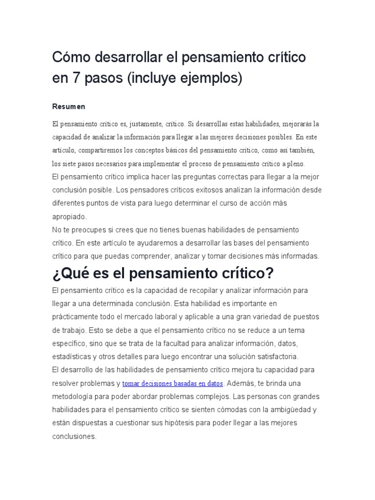 Desarrolla el pensamiento crítico en 7 pasos | PDF | Pensamiento ...