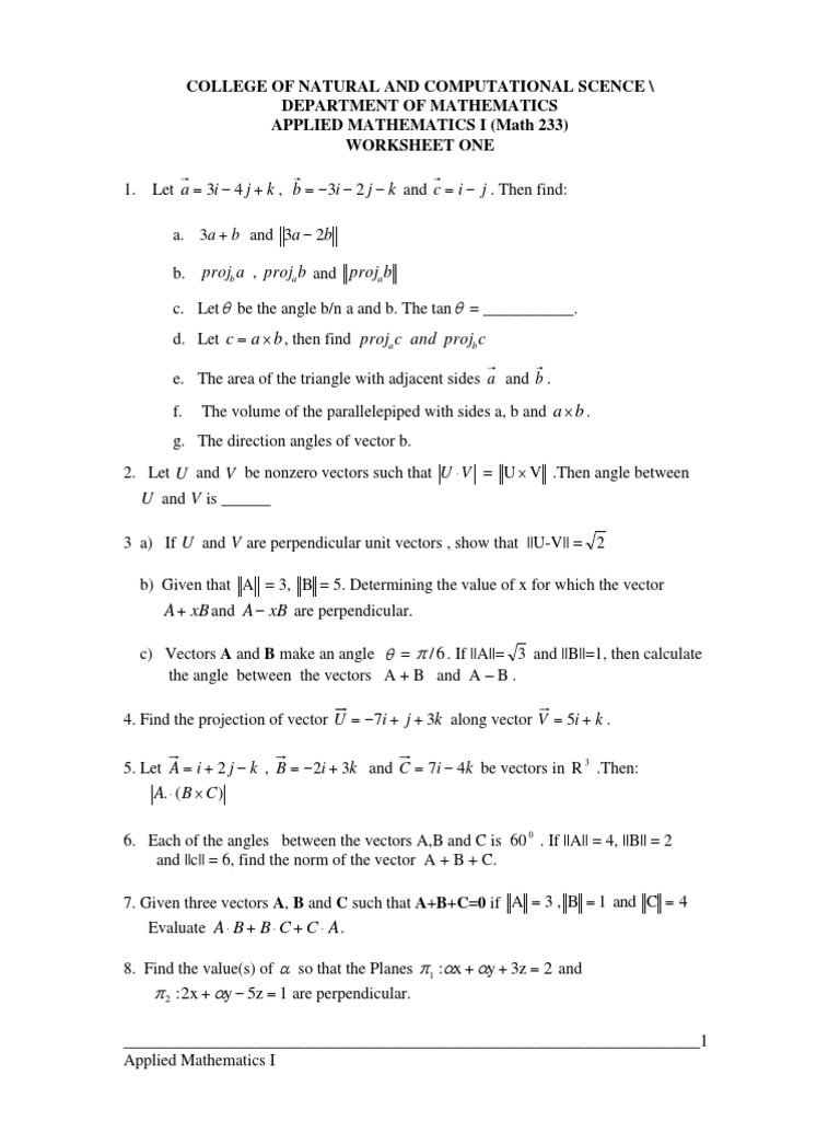 Applied Math I: Vector & Plane Problems | PDF | Plane (Geometry) | Line ...