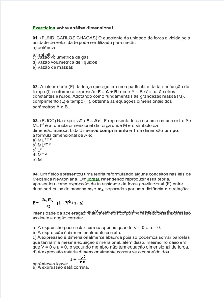 Exercícios sobre análise dimensional com resoluções | PDF | Massa | Força