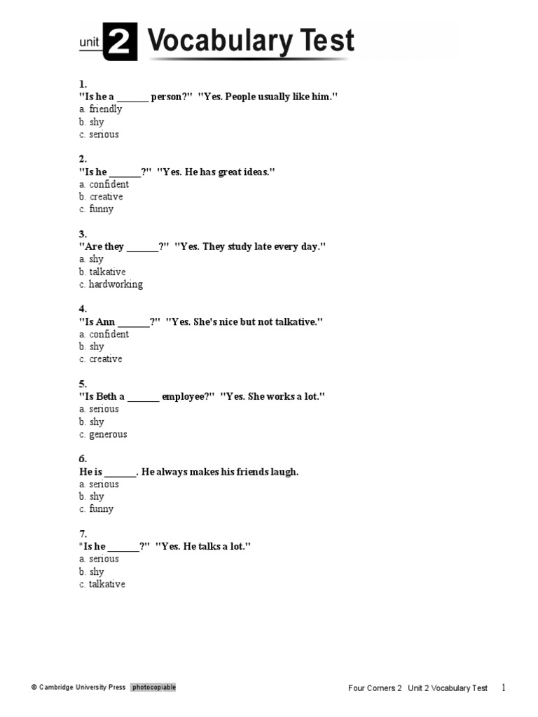 Four Corners 2 Unit 2 Vocabulary Test | PDF | Human Hair | Hair