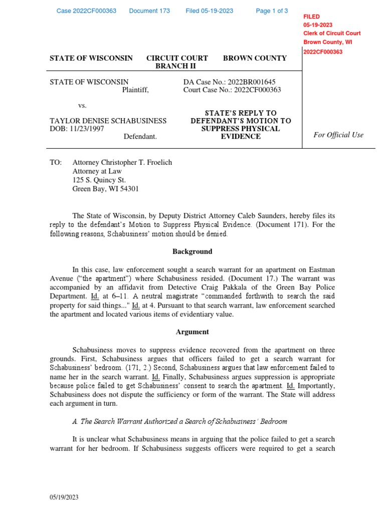 State Reply Schabusiness Motion To Suppress | PDF | Search Warrant ...
